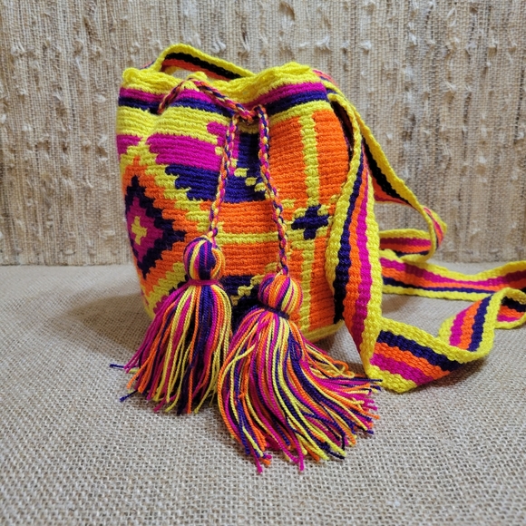 Bags | Wayuu Bag Handmade Crocheted Colorful Tribal Boho Tassled Mini ...
